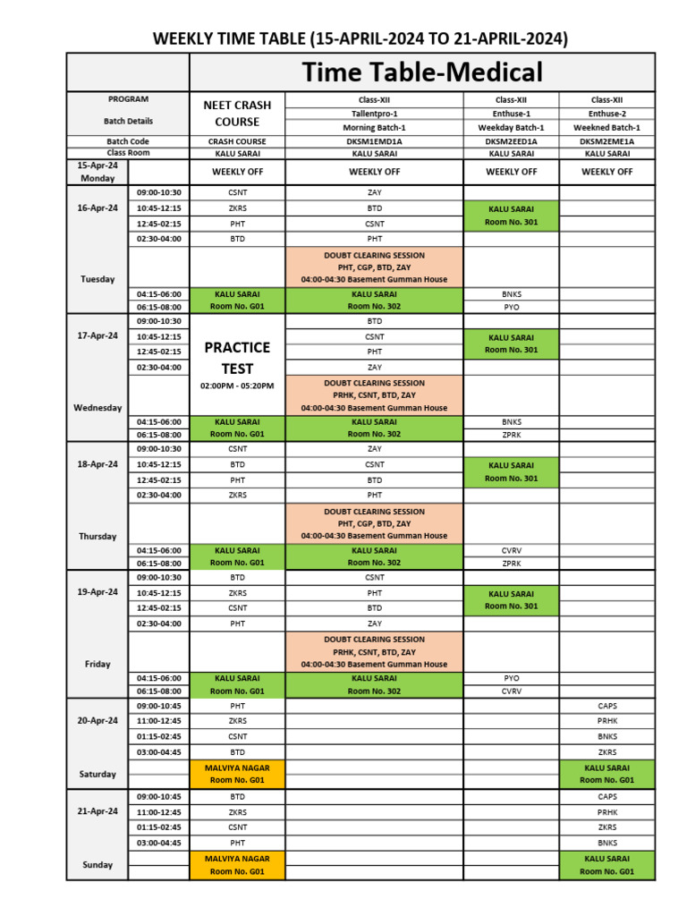 Neet Time Table 2024-25 Batches (15-21 Apr 2024) | PDF | Workweek And Weekend