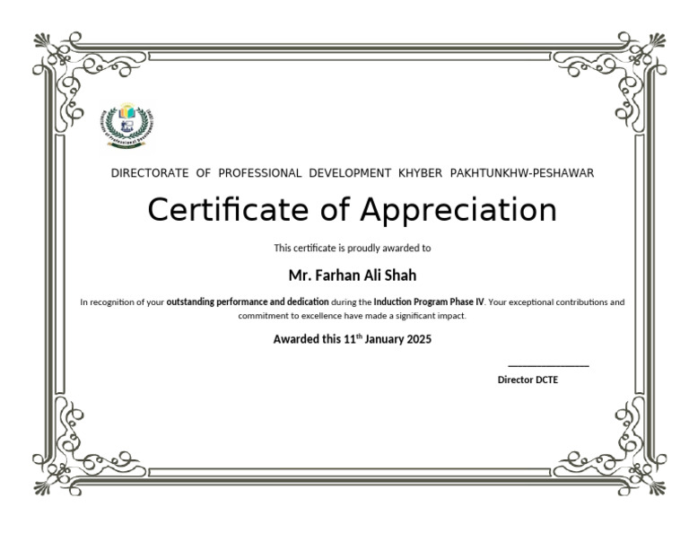 Certificate of Appreciation for Farhan Ali Shah | PDF