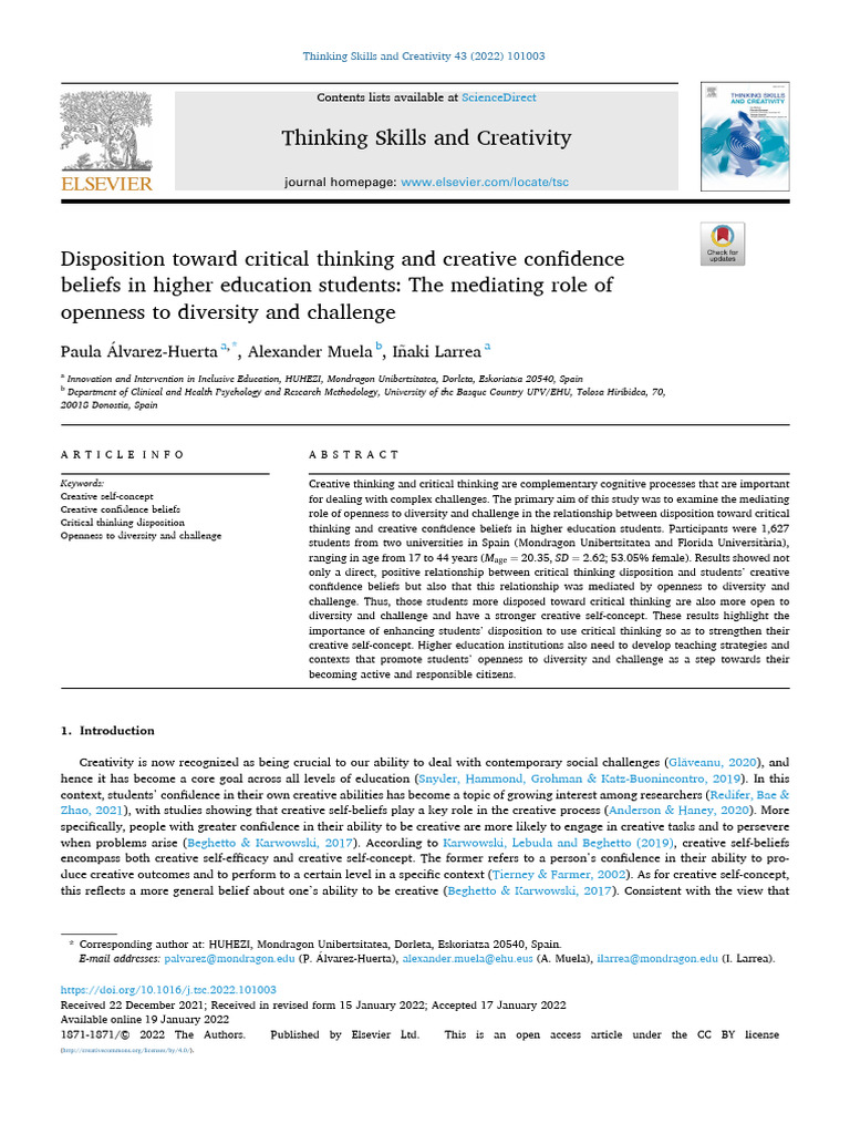 Disposition Toward Critical Thinking and Creative Confidenc - 2022 ...