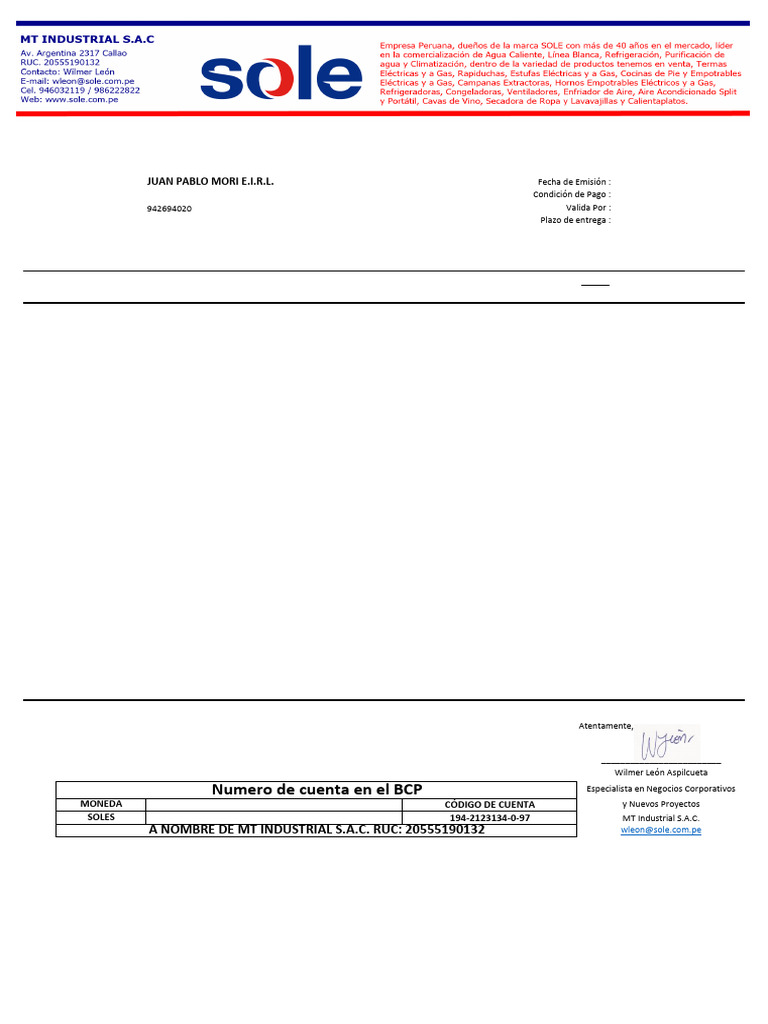 Proforma Mti-Wl24-00218 - Juan Pablo Mori E.I.R.L. | PDF