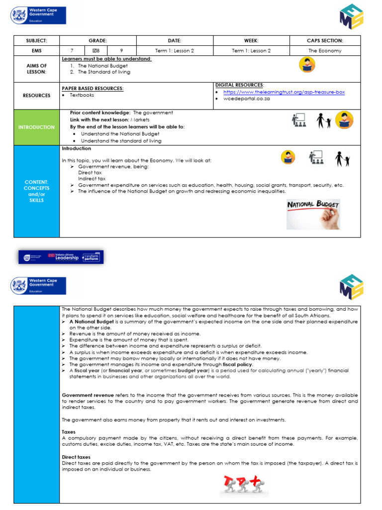 Lesson Plan Grade 8 EMS Term 1 Lesson 2 | PDF | Taxes | Direct Tax