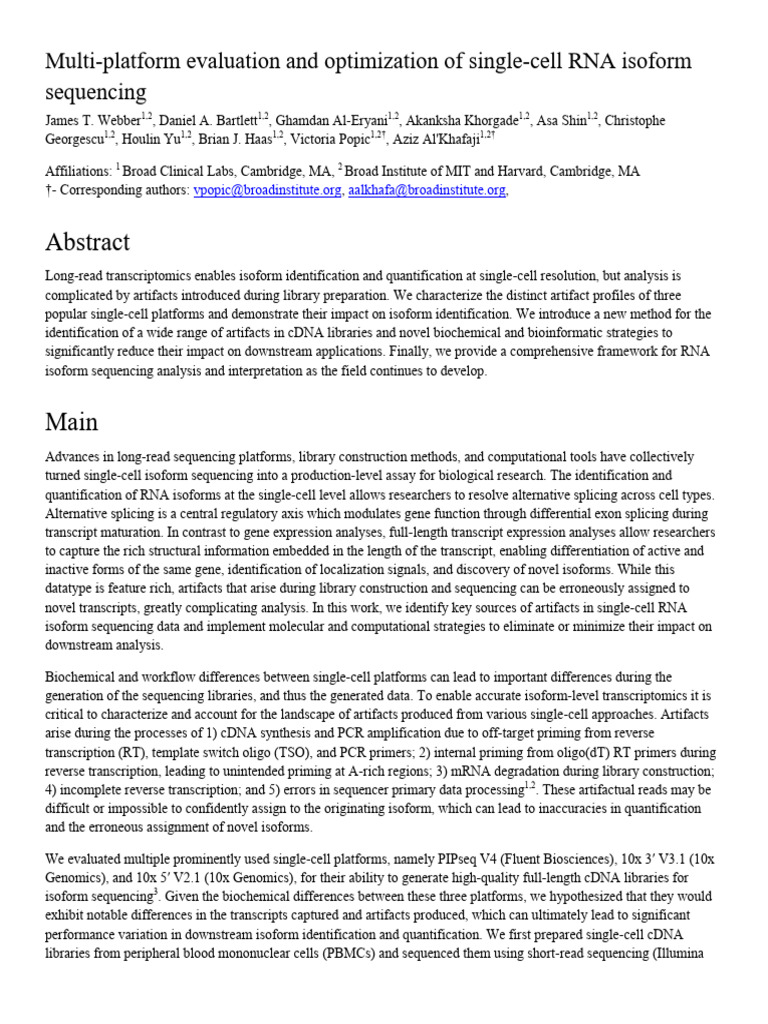 Multi-Platform Evaluation and Optimization of Single-Cell RNA Isoform Sequencing | PDF | Dna ...