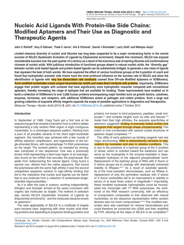 Nucleic Acid Ligands With Protein-like Side Chains- Modified Aptamers and Their Use as ...
