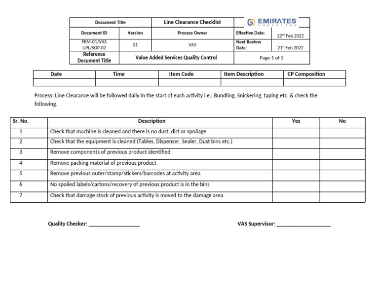Line Clearance Checklist | PDF