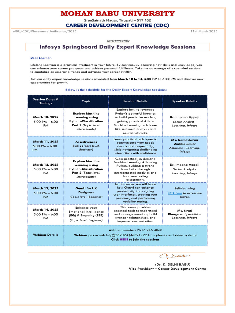 Infosys - Springboard - Daily Expert Knowledge Sessions - March 10 To 14 - 2025 - MBU - 2025 ...