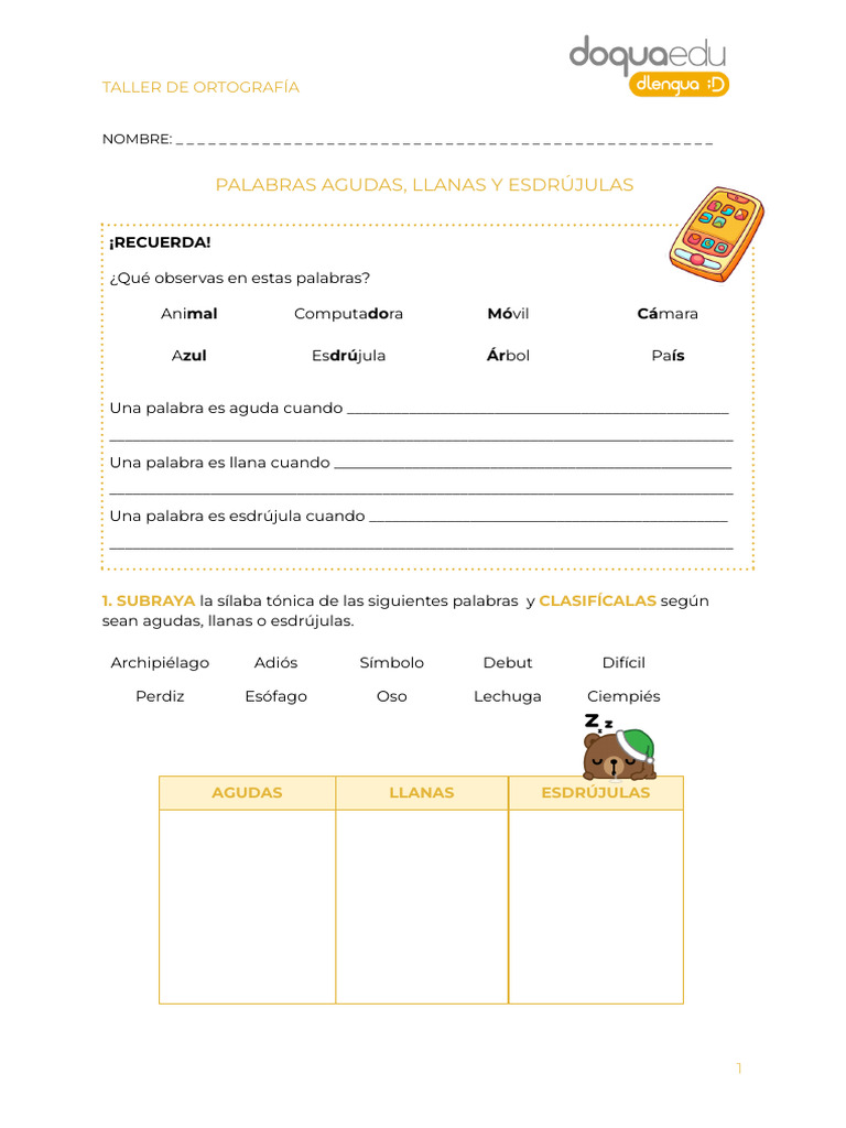 Ficha - Diferenciación de Palabras Llanas, Agudas y Esdrújulas | PDF | Estrés (lingüística ...