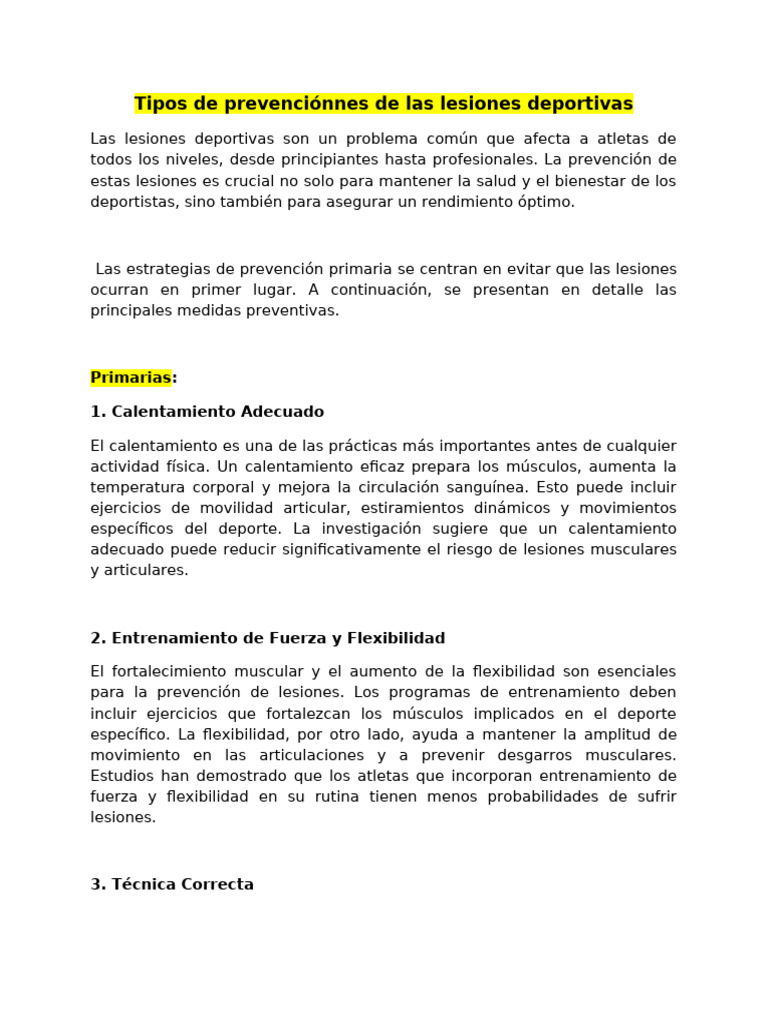 Tipos de Prevención en Lesiones Deportivas | PDF | Flexibilidad (anatomía) | Terapia física