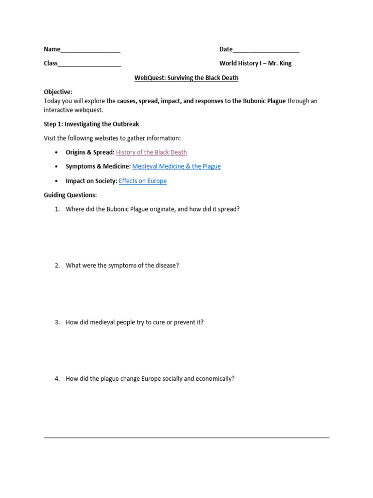 WebQuest Surviving The Black Death | PDF