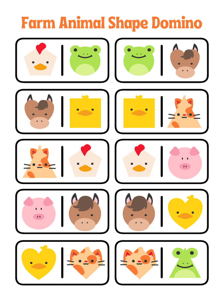 Farm Animal Shape Domino Game Worksheet in Colorful Illustrative Style ...
