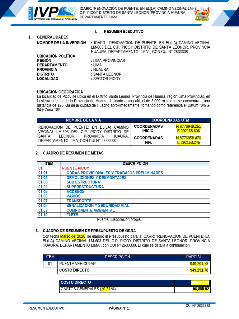 I. Resumen Ejecutivo - Puente Picoy | PDF