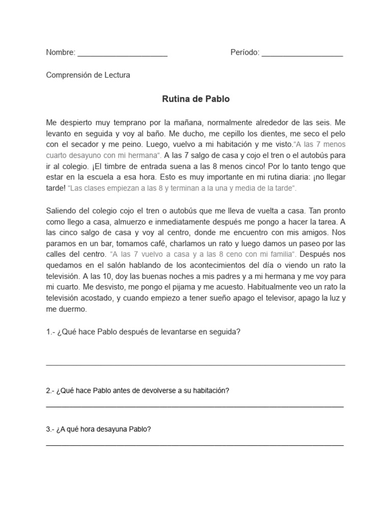 Comprensión de Lectura-Rutina - Spanish Honors II | PDF | Almuerzo