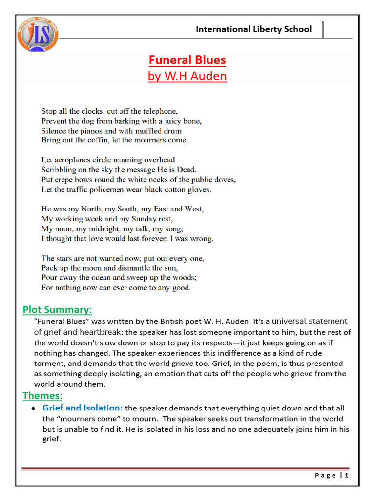 Funeral Blues Analysis Final | PDF | Poetry | Grief