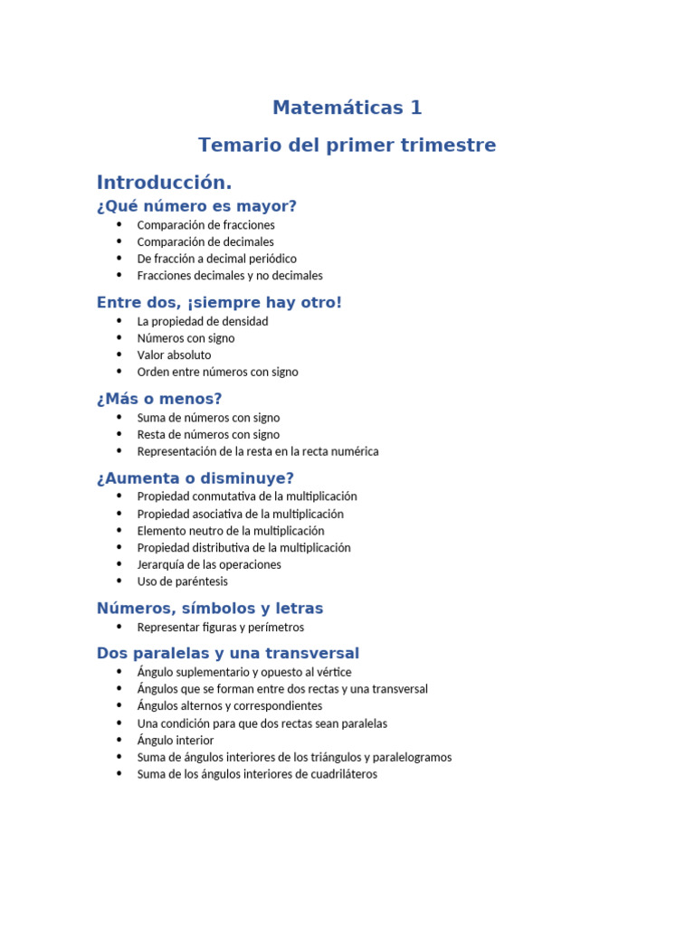 1° Mate Temario Del Primer Trimestre | PDF