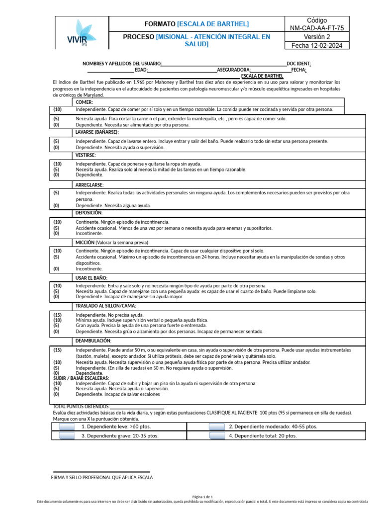 Formato Escala de Barthel para Imprimir | PDF