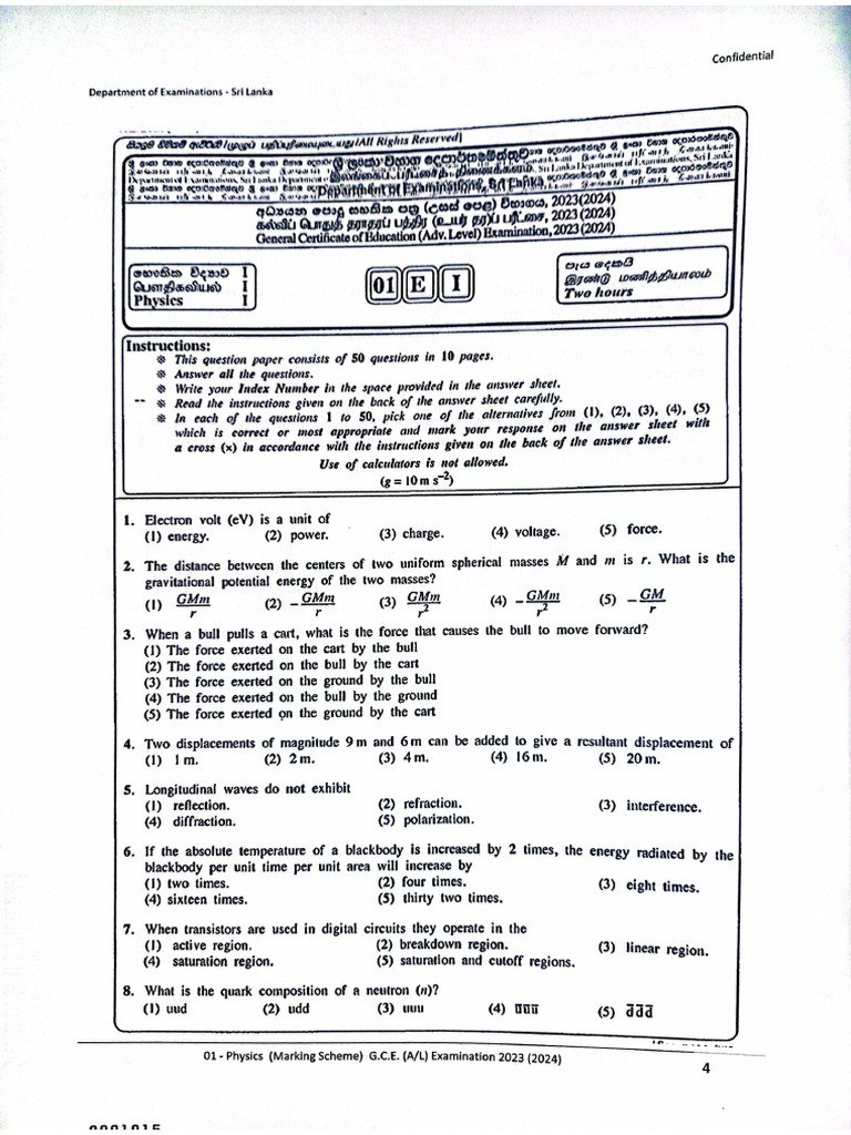 A/L Physics Paper Marking Schemes | PDF