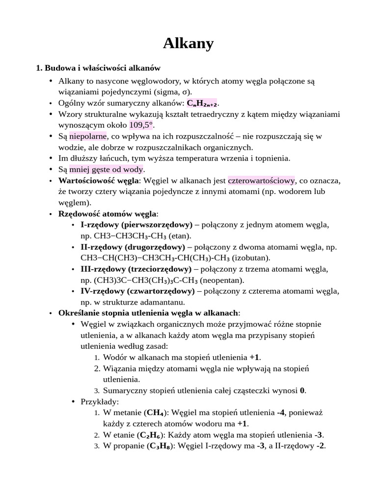 Alkany Notatka Chemia | PDF