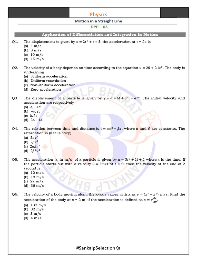 DPP on Motion in a Straight Line | PDF | Acceleration | Velocity