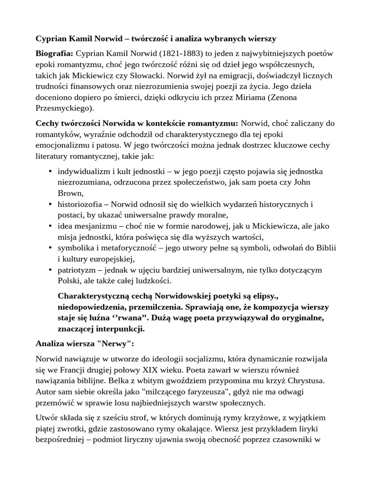 Notatka Język Polski Cyprian Norwid | PDF