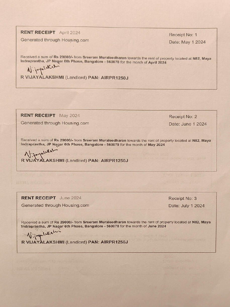 Rent Receipts - April 2024 to June 2024 | PDF