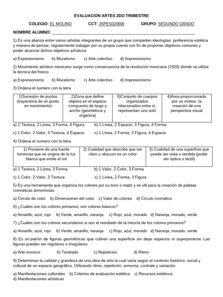 Examen De Artes 2do Grado Trimestre 2 Pdf Color Las Emociones
