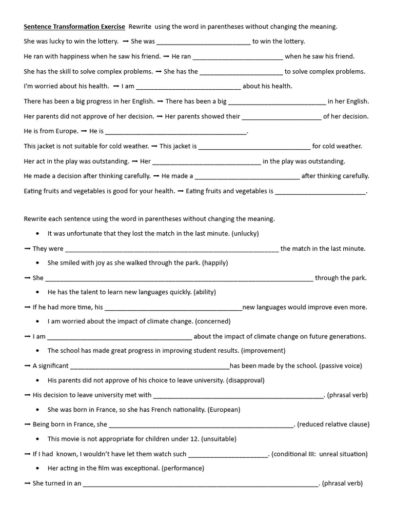 Sentence Transformation Exercises | PDF | English Language | Syntax