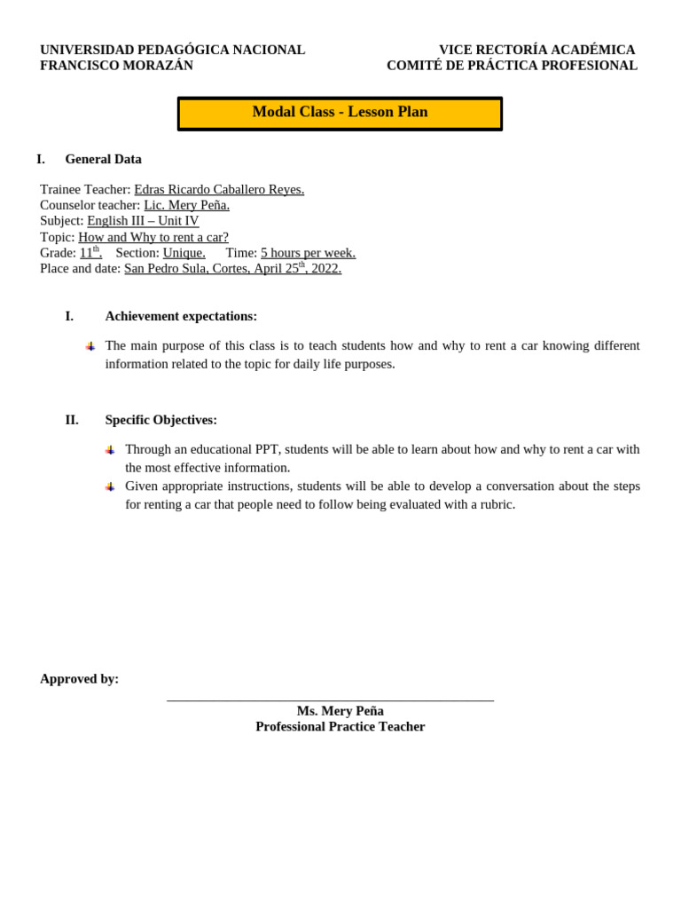 Lesson Plan - Modal Class | PDF | Lesson Plan | Learning