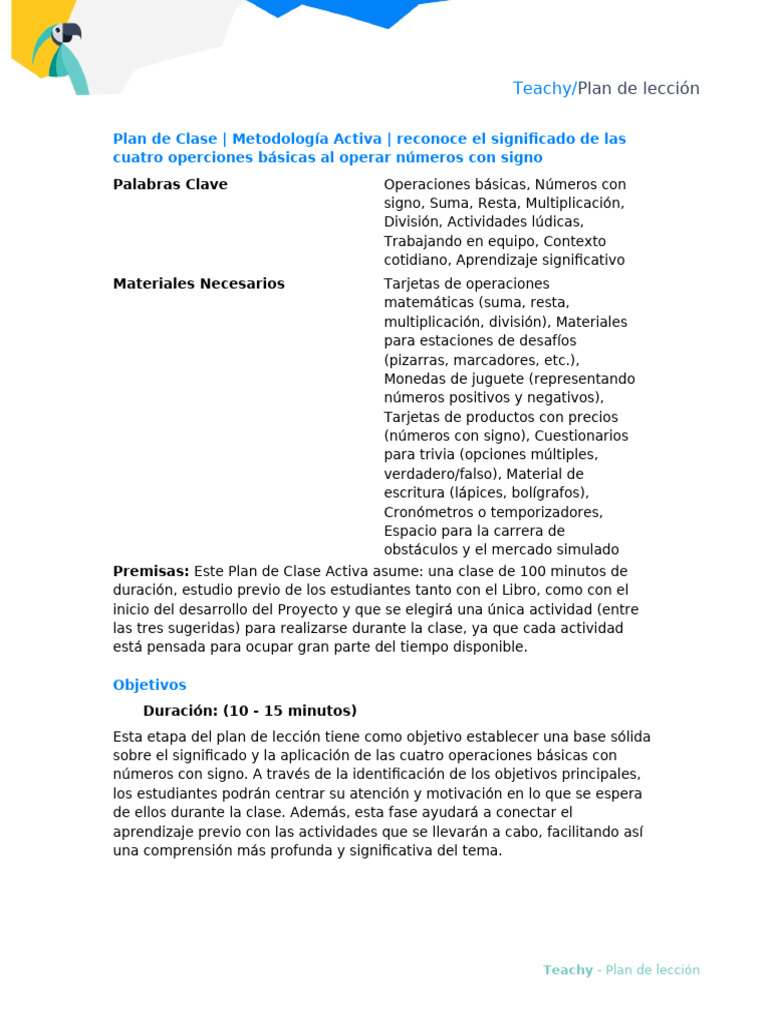 Plan de Clase: Operaciones con Signos | PDF | Matemáticas | Aprendizaje