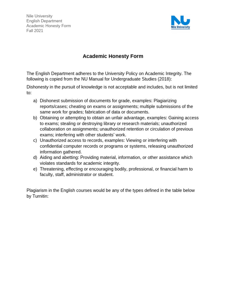 Academic Honesty Form | PDF | Academic Dishonesty | Academia