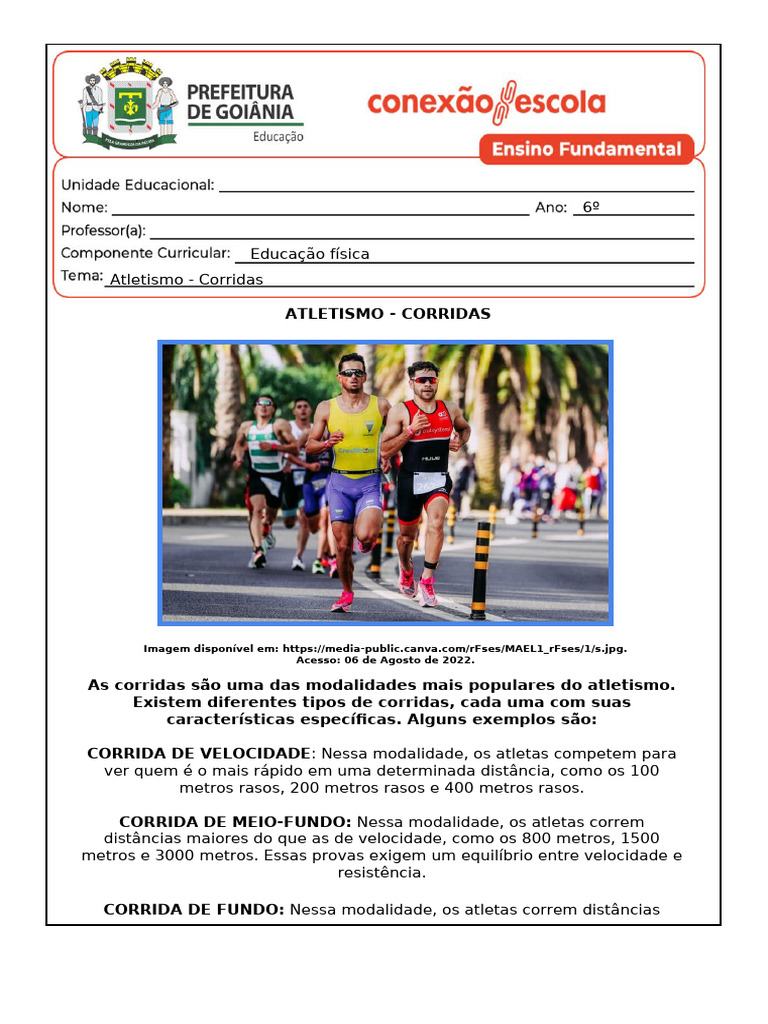 ATIVIDADE 08 - ATLETISMO - CORRIDAS | PDF | Atletismo (esporte) | Corrida