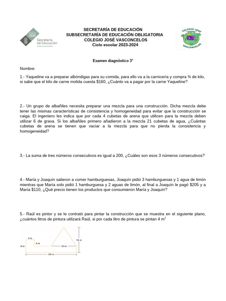 Matemáticas Examen Tercero | PDF