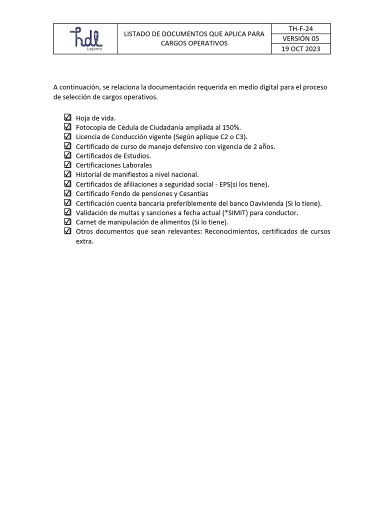 TH-F-24 Listado de Documentos Que Aplican para Cargos Operativos 2 | PDF
