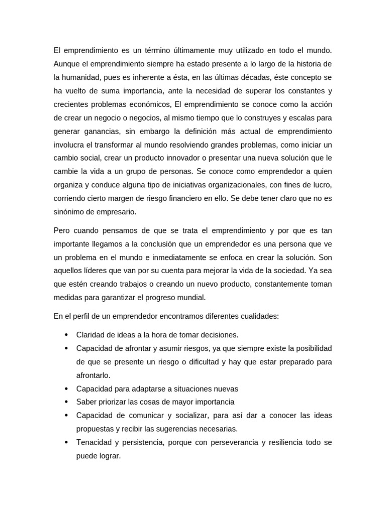Ensayo Emprendimiento | PDF | Iniciativa empresarial | Negocios económicos