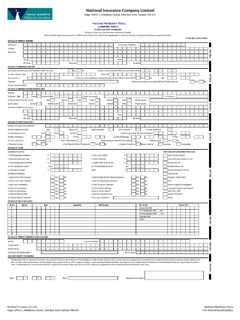 National Mediclaim Policy Claim Form | PDF