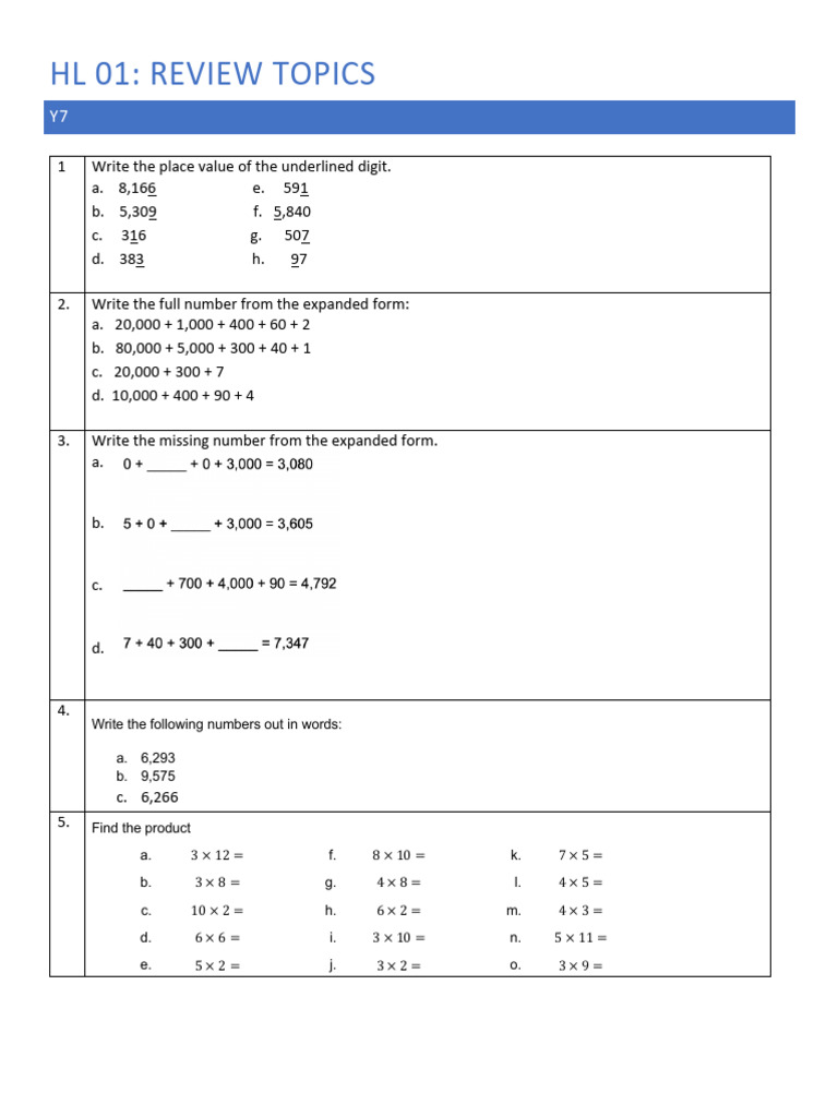 Y7 HL 01 Review Topics | PDF