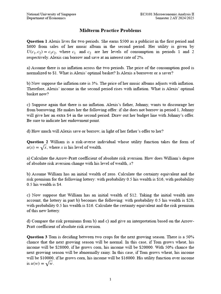 NUS EC3101 Microeconomic Analysis Midterm Practice | PDF | Economic Equilibrium | Demand