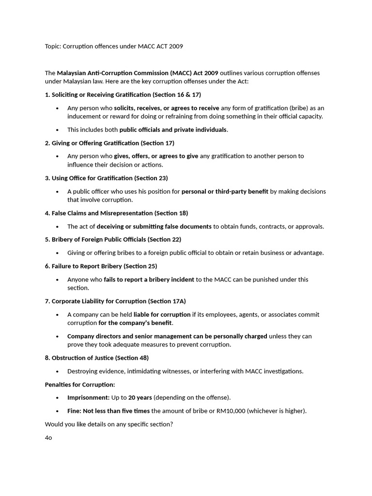 MACC Act 2009: Reporting Bribery Penalties | PDF | Bribery | Corruption