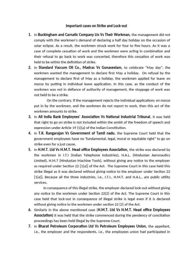 Key Legal Cases on Strikes and Lockouts | PDF | Strike Action | Justice