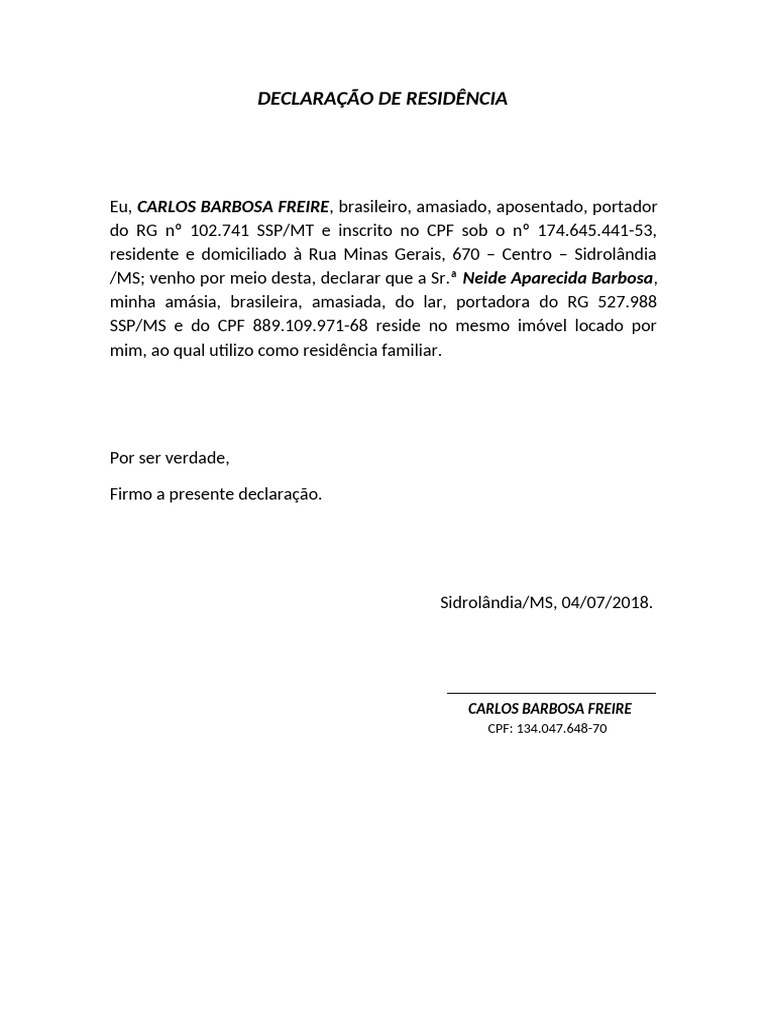 Declaração de Residência - Neide Aparecida Barbosa | PDF