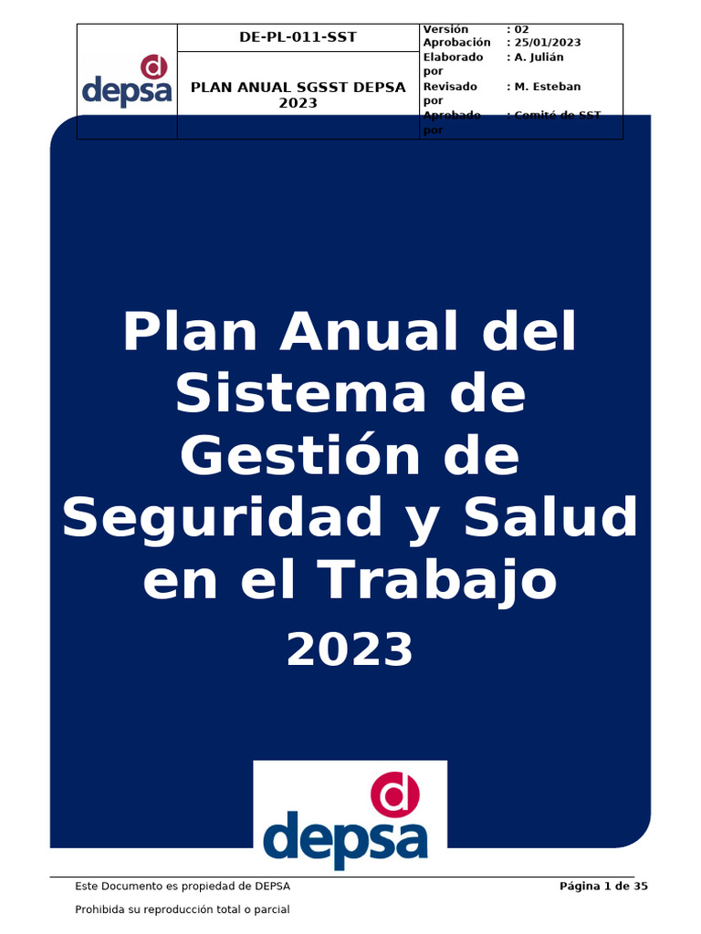 De-Pl-011-Sst Plan Anual SGSST Depsa 2023 | PDF | Seguridad y salud ocupacional | La seguridad ...