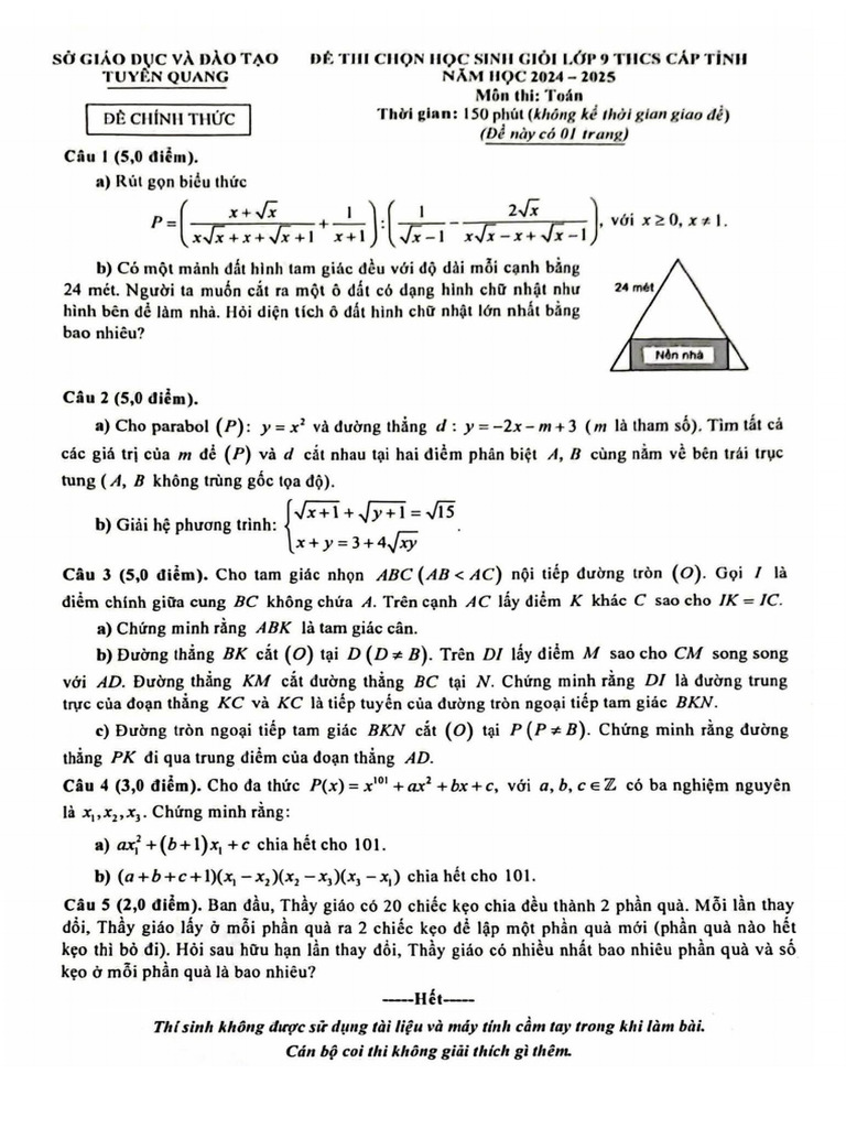 De Chon Hoc Sinh Gioi Tinh Toan 9 Nam 2024 2025 So GDDT Tuyen Quang | PDF