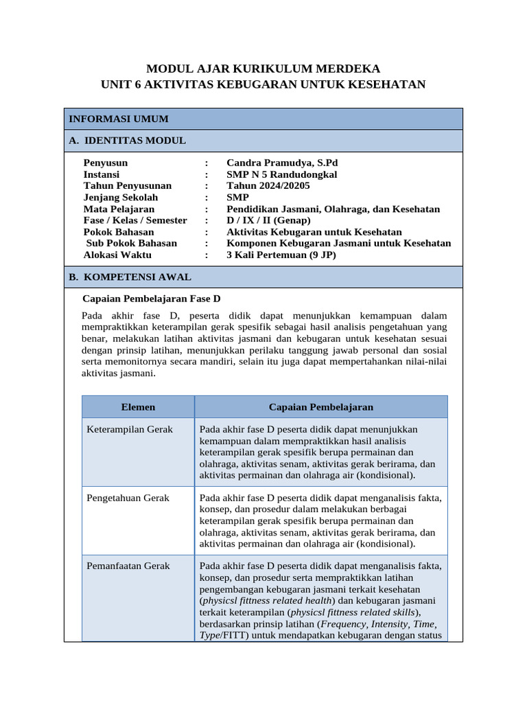 4. Modul Ajar Unit 6 Aktivitas Kebugaran Untuk Kesehatan | PDF