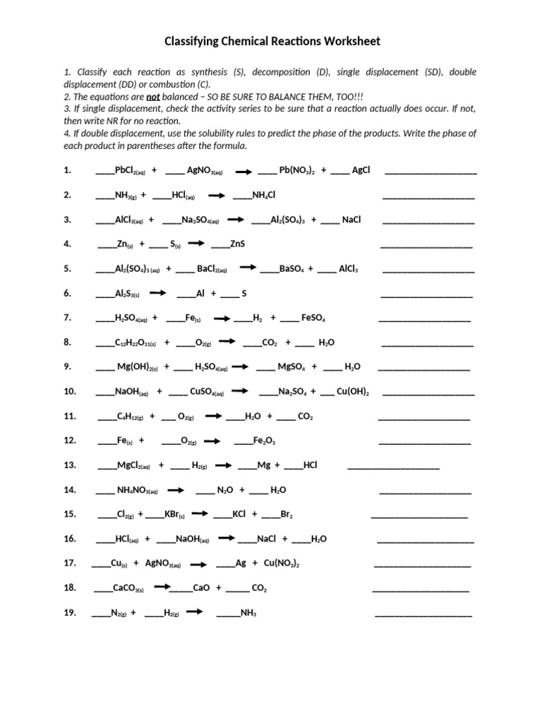 classifying chemical reactions worksheet | PDF | Chemical Reactions ...