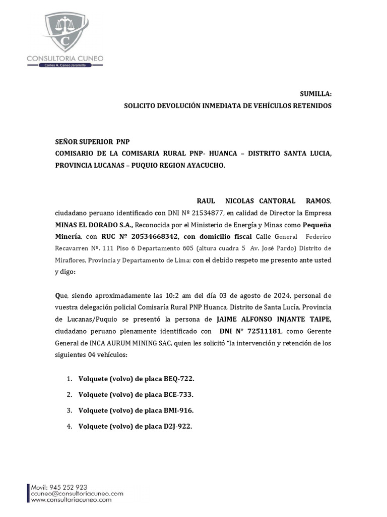 Solicito Devolución de Vehiculos PNP | PDF