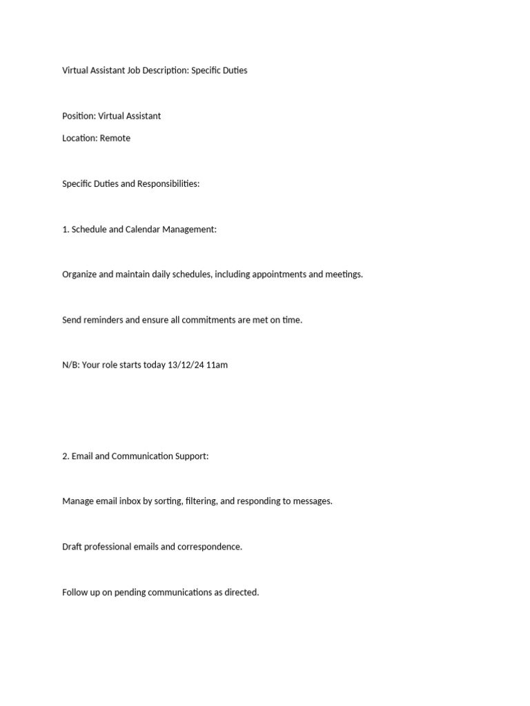 Virtual Assistant Specific Job Description | PDF