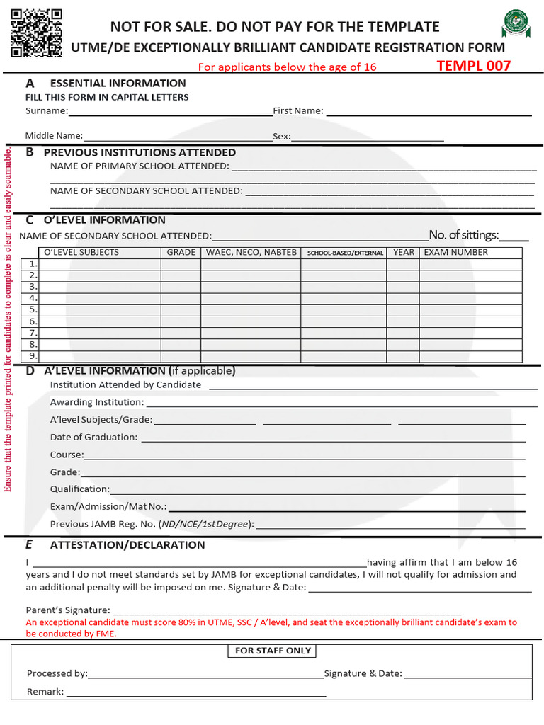 2025 JAMB Exceptional Candidate Template | PDF