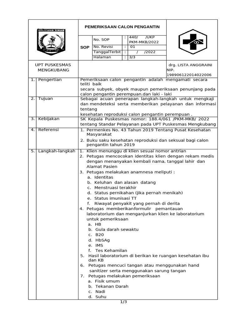 SOP Pemeriksaan Calon Pengantin | PDF