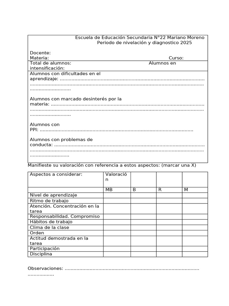 Planilla de Diag | PDF | Evaluación | Maestros