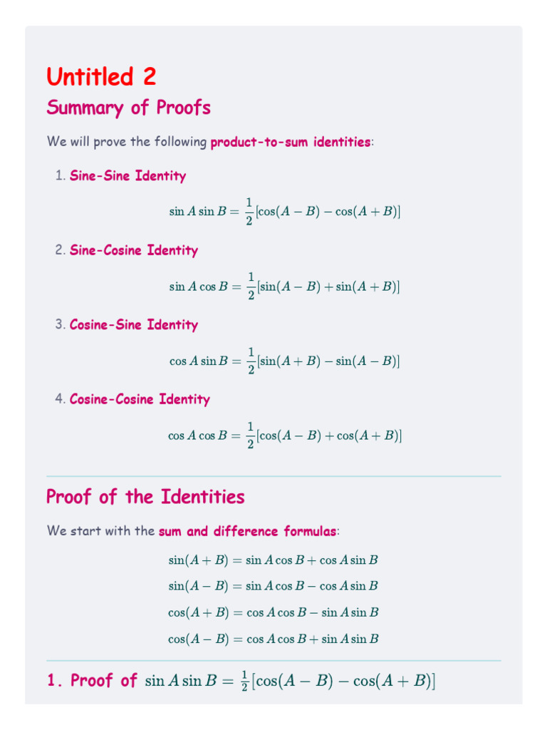 Products Of Sines And Cosines Identitites Pdf Trigonometric Functions Euclidean Geometry