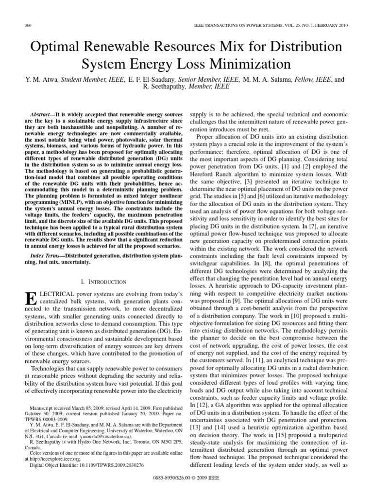 Optimal Renewable Resources Mix For Distribution System Energy Loss Minimization | PDF ...