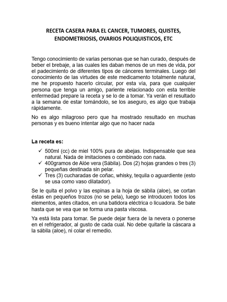 Miel Sábila Y Tequila Receta Curativa Pdf Cáncer Especialidades